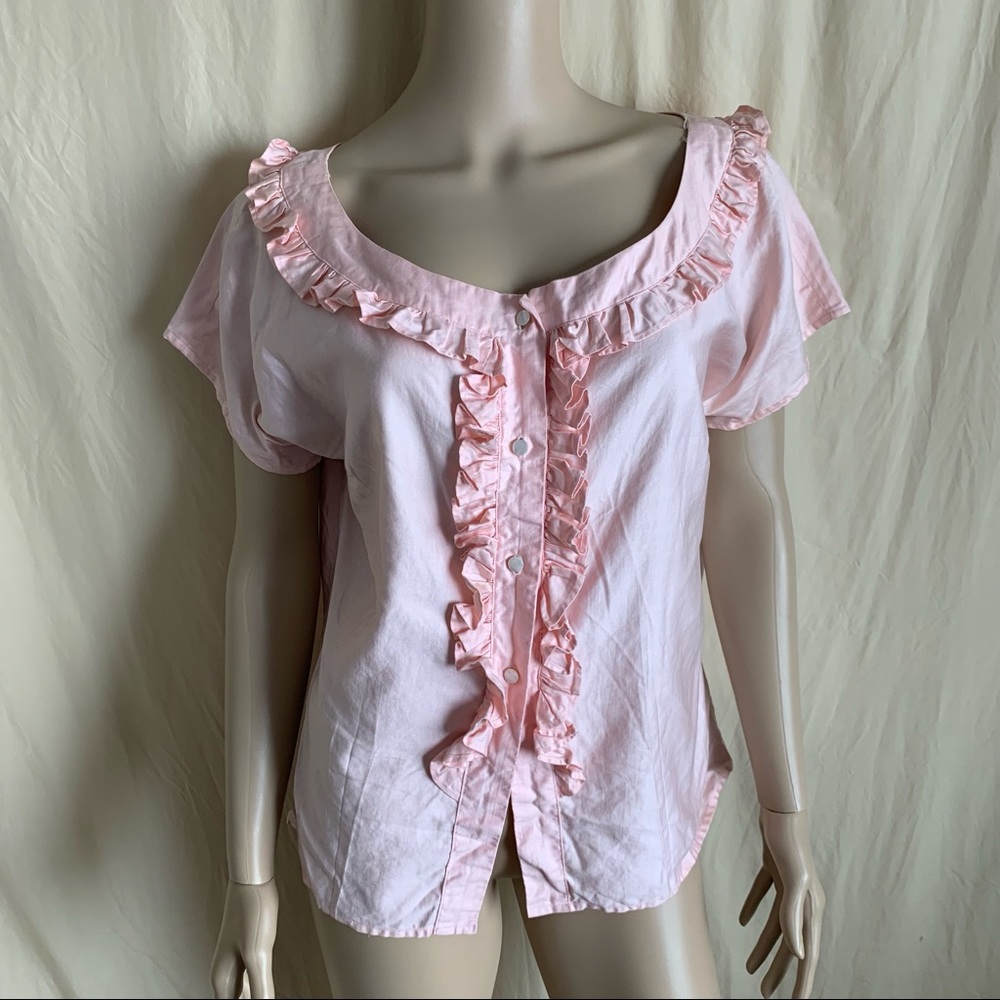 Vintage Bubblegum Pink Ruffle Button Down Blouse - Gem